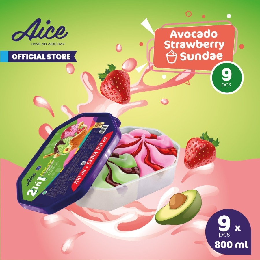 Jual Aice Alpukat Strawberry sundae Ice Cream Eskrim 800 ml Es Krim 9 Pcs | Shopee Indonesia