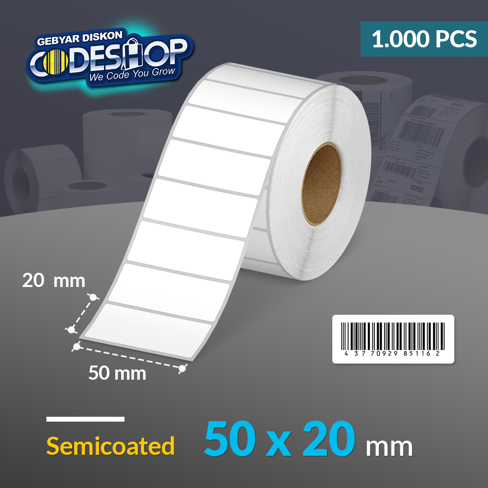 Jual Codeshop Label Semicoated 50 x 20 mm 1 Line Stiker Printer Barcode Core 1 Inch Isi 1000 Pcs ...