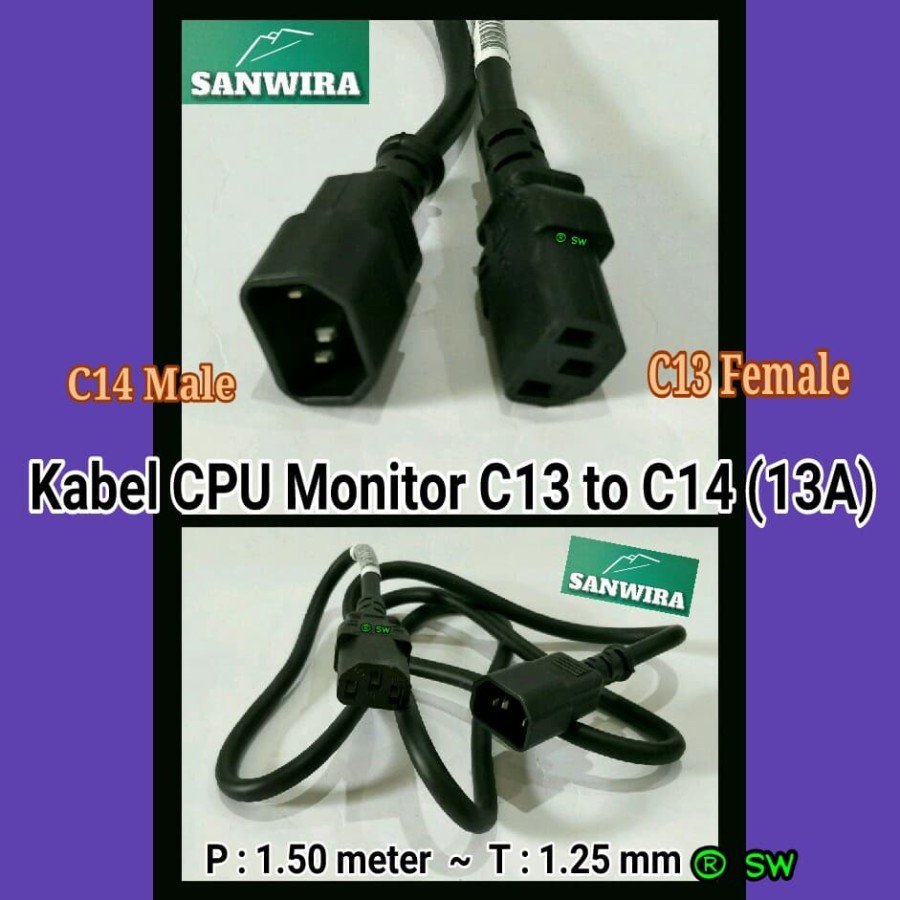 Jual Kabel CPU Monitor C13 to C14 (13A) ~ Panjang : 1.50 meter - T: 1. ...