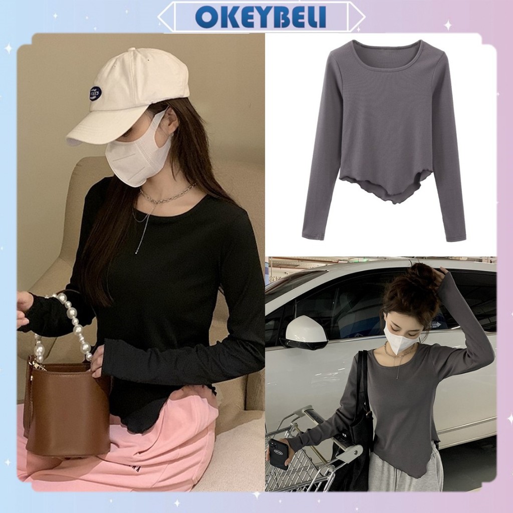 Jual •OKEY BELI•BJ1412 Baju Atasan Wanita Lengan Panjang Kaos Polos Fashion Wanita Korea Spandex ...