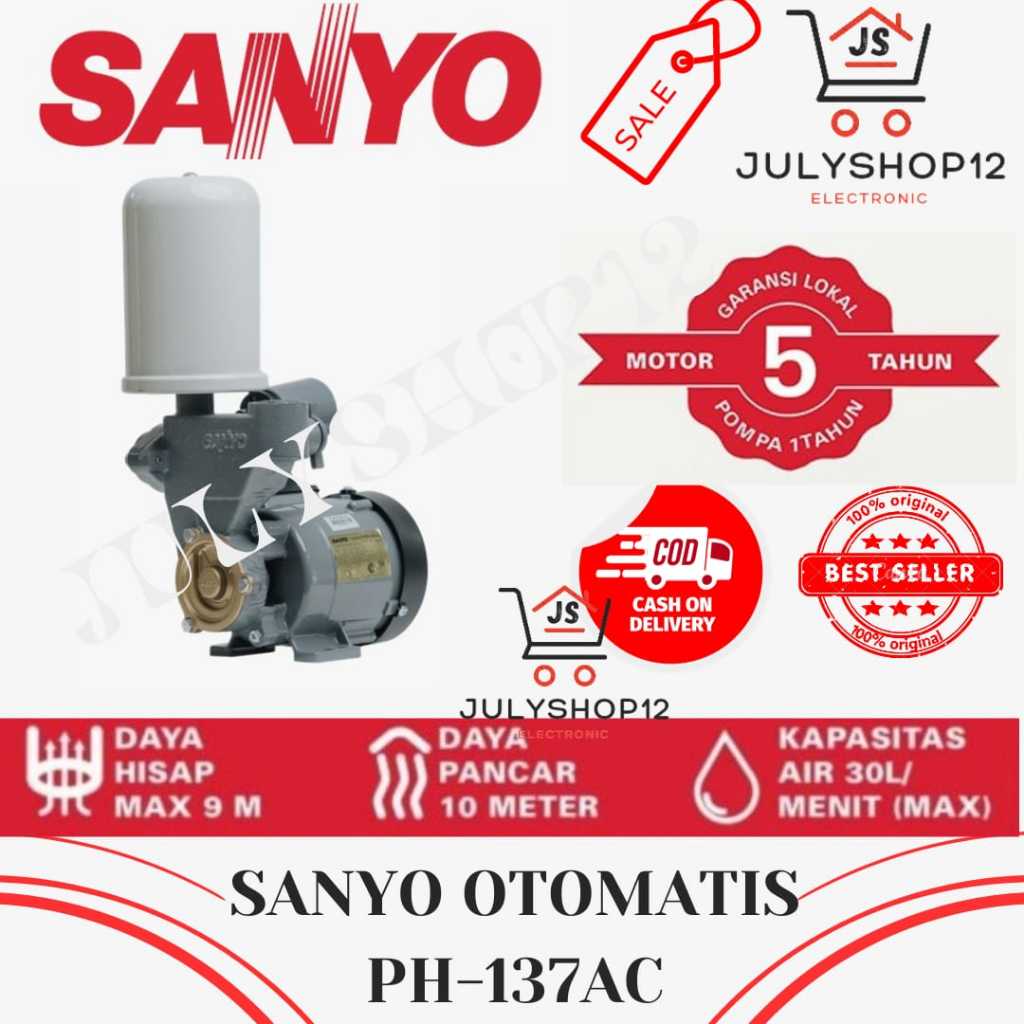 Jual SANYO POMPA AIR OTOMATIS TYPE PH-137AC / PH137AC / SANYO OTOMATIS / GARANSI 1 TAHUN MOTOR 5 ...