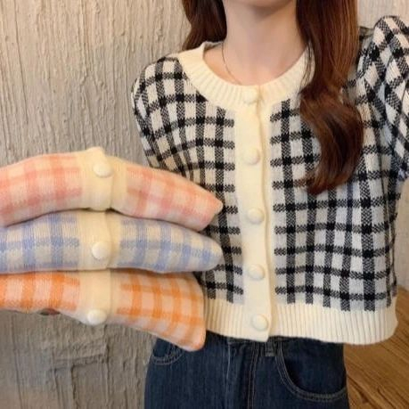 Jual SNOW CROP TOP CARDI Korean Rajut Sweater Cardigan Motif Kotak Kotak | CARDIGAN CROP TOP ...