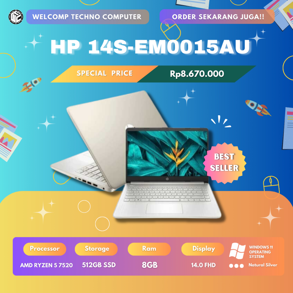 Jual LAPTOP HP 14s-EM0015AU / EM0016AU RYZEN 5-7520U 8GB 512GB 14" OHS ...