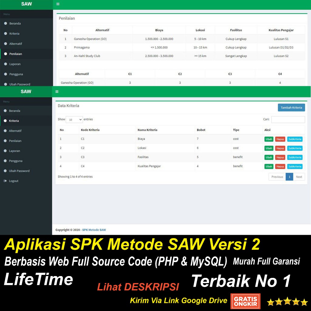 Jual Aplikasi SPK Metode SAW Versi 2 Berbasis Web Full Source Code (PHP & MySQL) | Shopee Indonesia