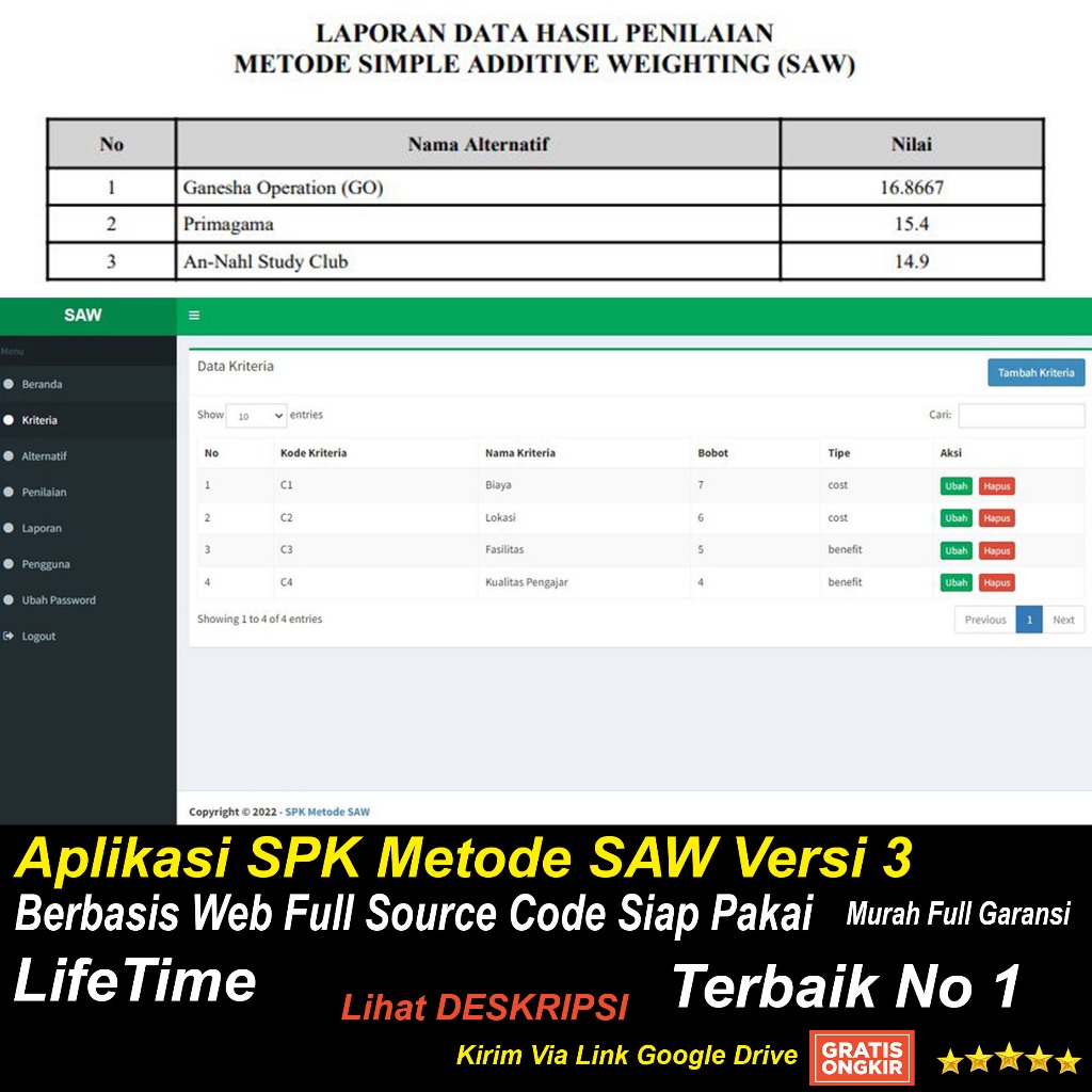 Jual Aplikasi SPK Metode SAW Versi 3 Berbasis Web Full Source Code Siap Pakai | Shopee Indonesia