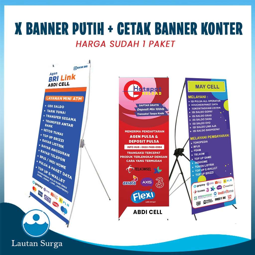 Jual Cetak Tiang Standing X Banner Putih + Spanduk Konter, Print ... Jual Cetak Tiang Standing X Banner Putih + Spanduk Konter, Print ...