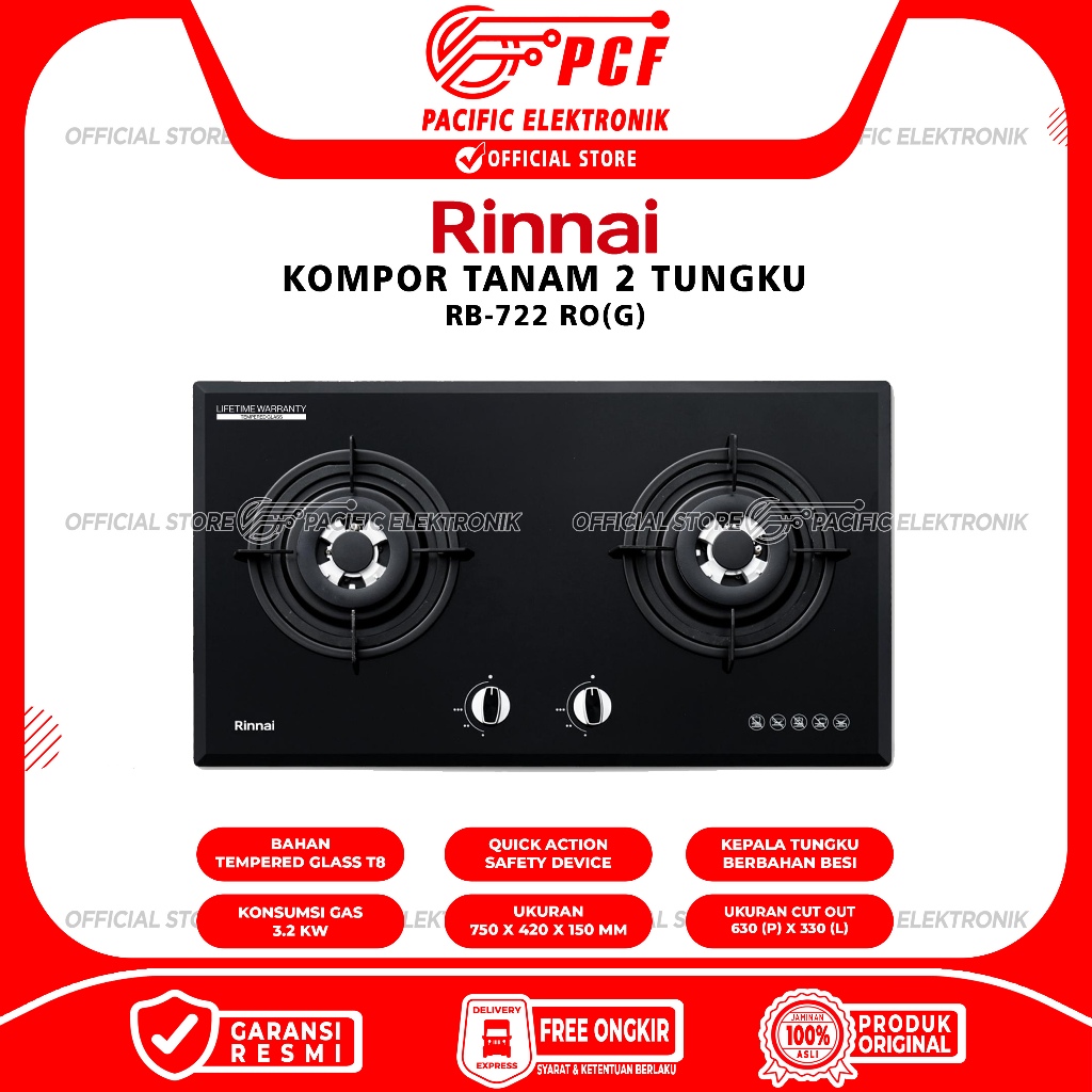 Jual Kompor Gas Tanam Rinnai Kaca 2 Tungku RB-772RO(G) / 772ROG / 772RO ...