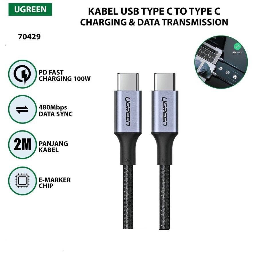 Jual UGREEN 100W USB-C to USB-C Cable Kabel Fast Charging 5A 2 Meter 70429 | Shopee Indonesia
