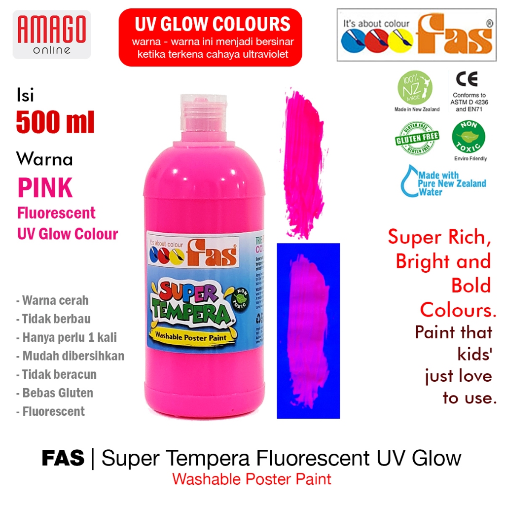Jual Cat Poster Lukis FAS Super Tempera Fluorescent UV Glow Paint Washable - 500 ml - Pink ...