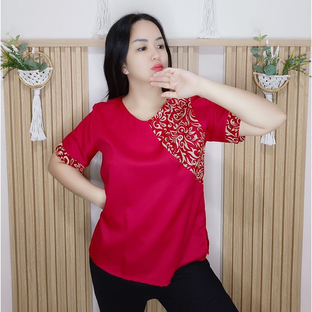 Jual JJJ LYN - Blouse Mimi Batik Merah Atasan Wanita Atasan Kerja ...