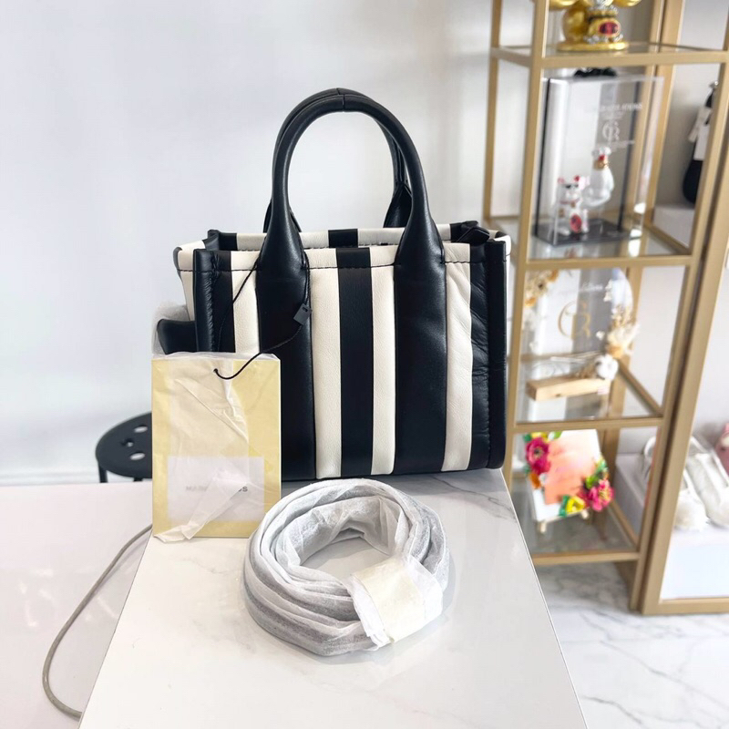Jual MJ The Striped Leather Micro Tote Bag Black/White 18x15cm | Shopee ...