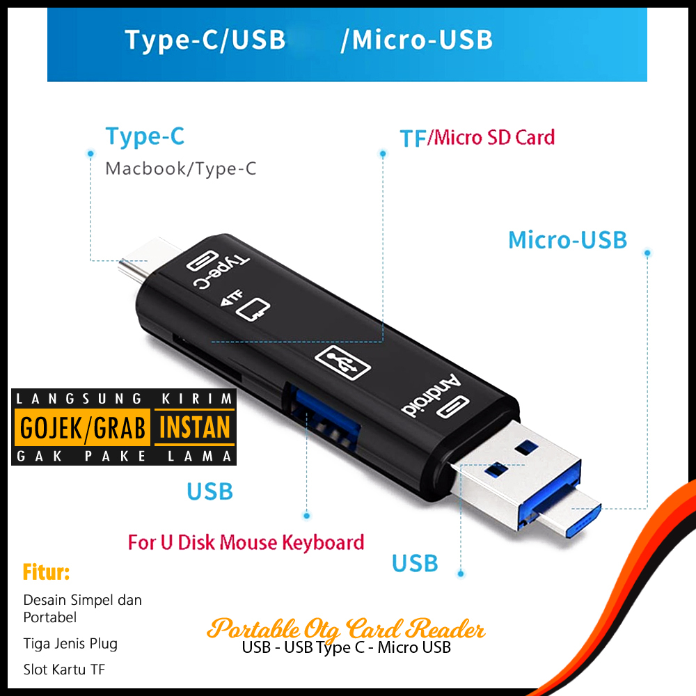 Jual Portable OTG Card Reader Type C Micro USB Standar 3in1 Konektor ...