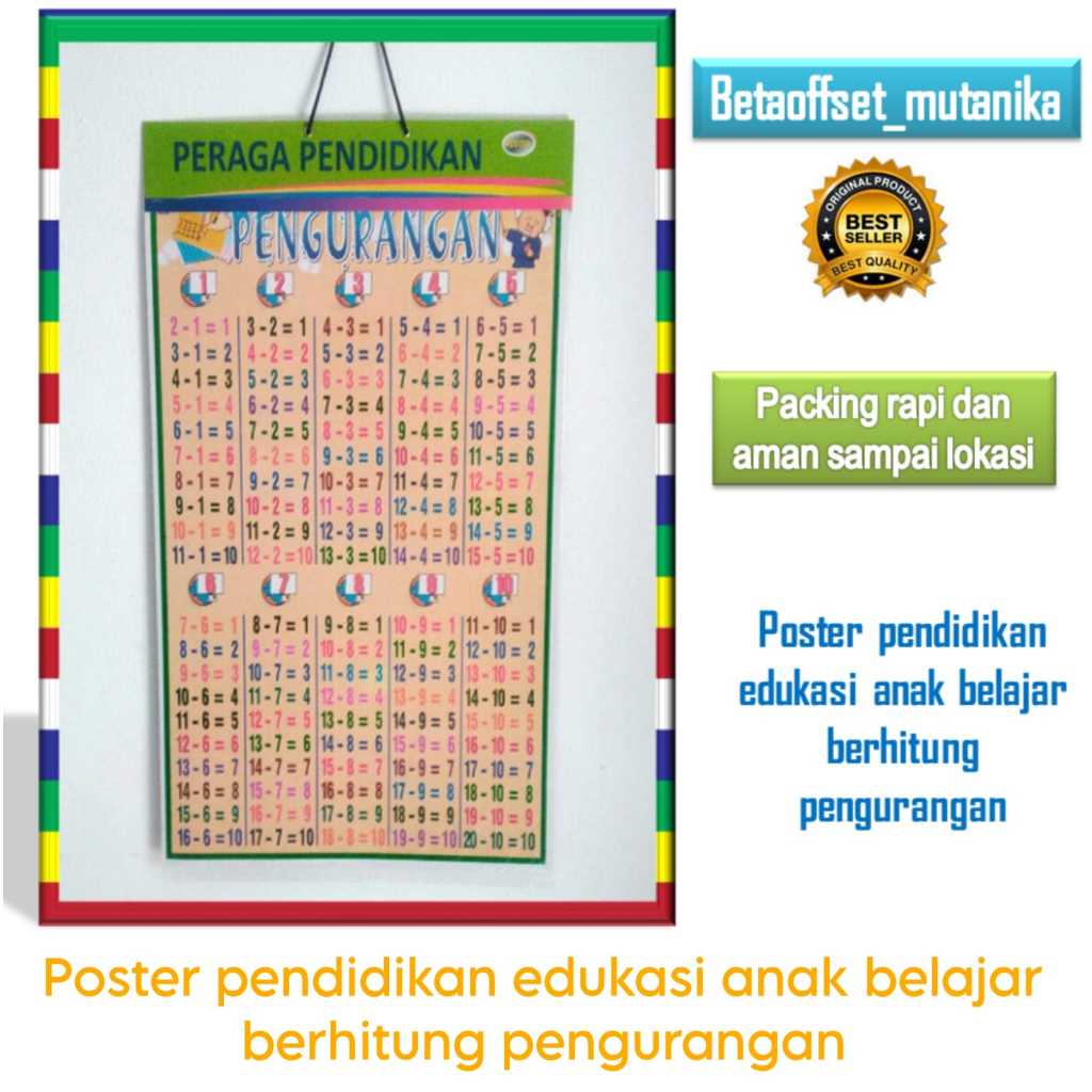 Jual Poster pendidikan edukasi anak belajar berhitung pengurangan ...