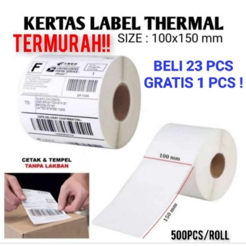Jual LABEL STICKER THERMAL 100x150MMx500pcs Roll alas kertas / Sheet ...