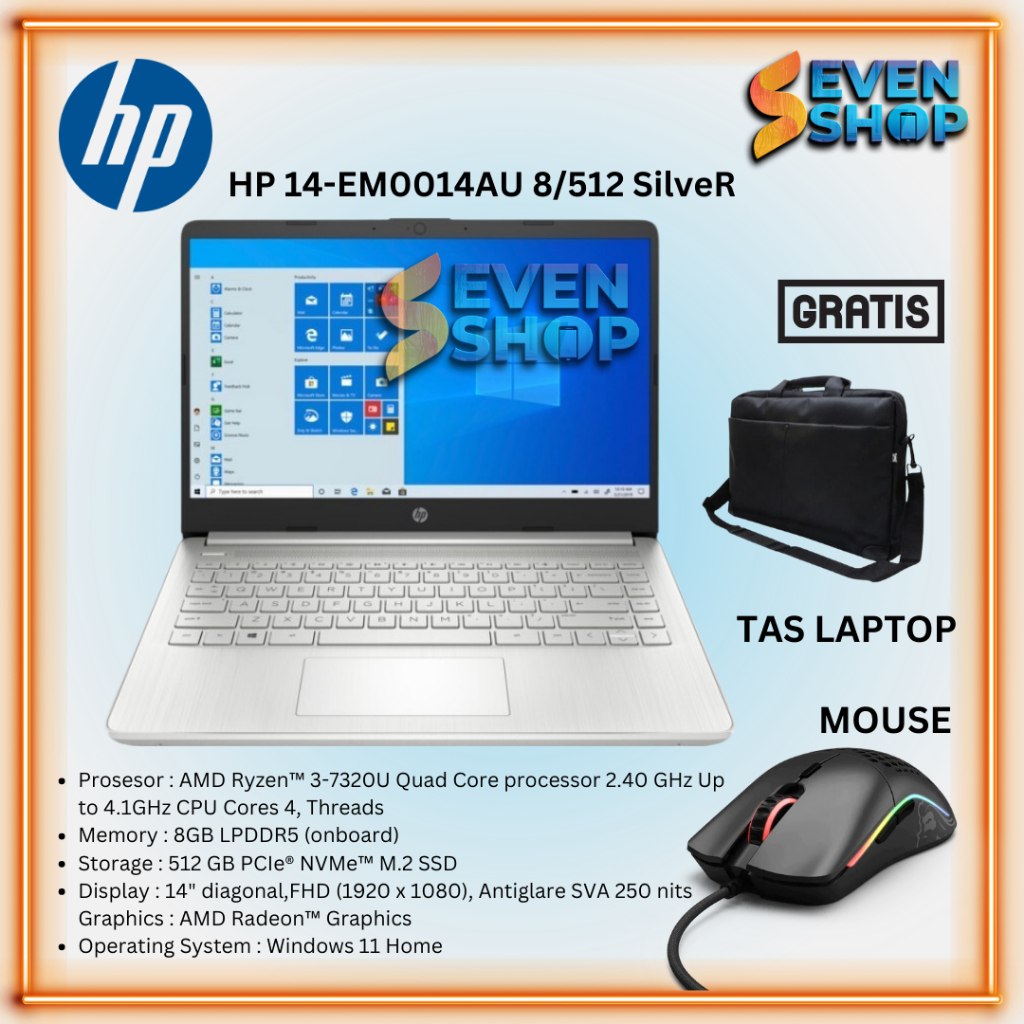 Jual LAPTOP HP 14-EM0014AU - R3-7320U/8GB/512GB/14"/SILVER /W11+OHS2021 ...