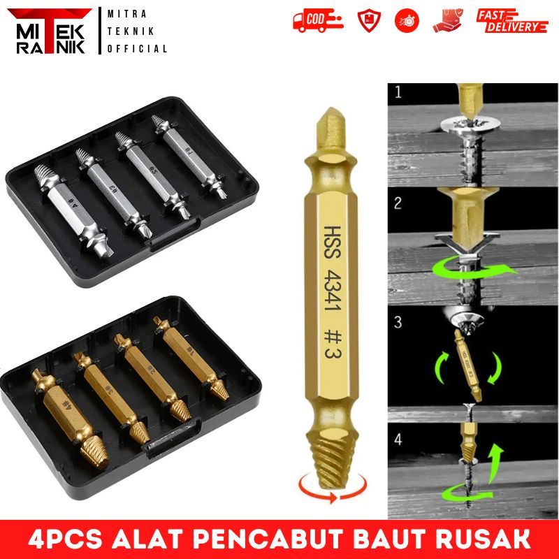 Jual 4Pcs Extractor Tap Putar Kiri Alat Pencabut Baut Patah Baut Rusak ...