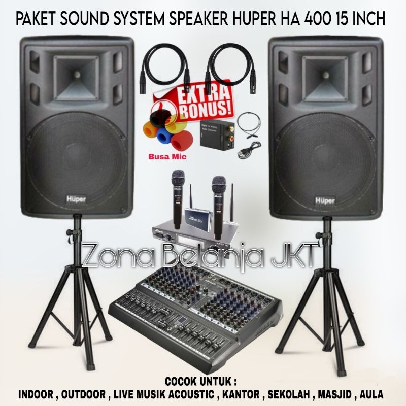 Jual PAKET SOUND SYSTEM INDOOR OUTDOOR SPEAKER HUPER HA 400 15 INCH AKTIF MIXER 12 CHANNEL USB ...