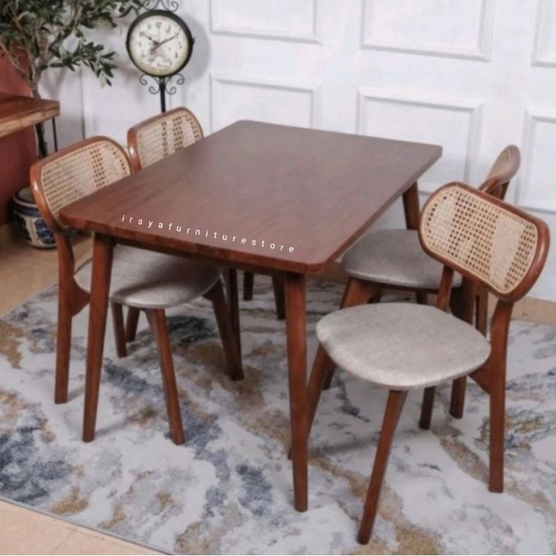 Jual Meja Makan Minimalis Modern Kayu Jati / Kursi Makan Set Sandaran Rotan | Shopee Indonesia