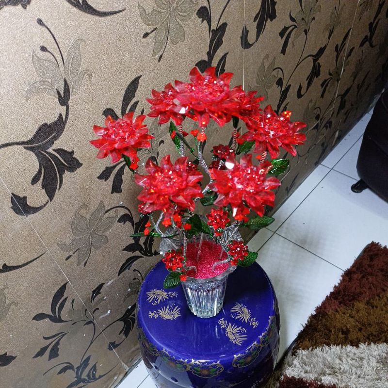Jual Satu set bunga akrilik kristal 7 batang bunga dengan vas kristal ...