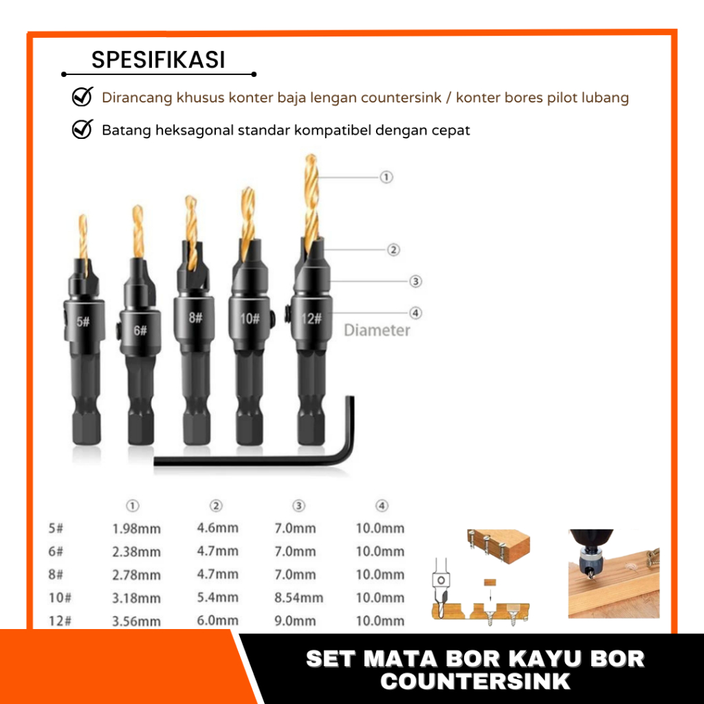 Jual Countersink Drill Bit Set 6 Mata Bor Countersink Pilot SET 6Pcs ...