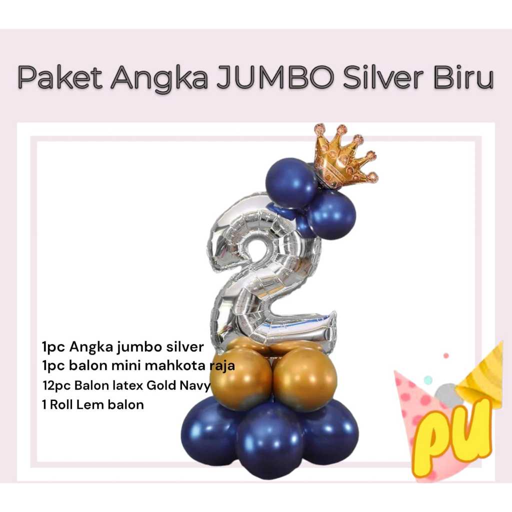 Jual Paket Balon Angka Jumbo SILVER BIRU Latex / Dekorasi Ulang Tahun ...