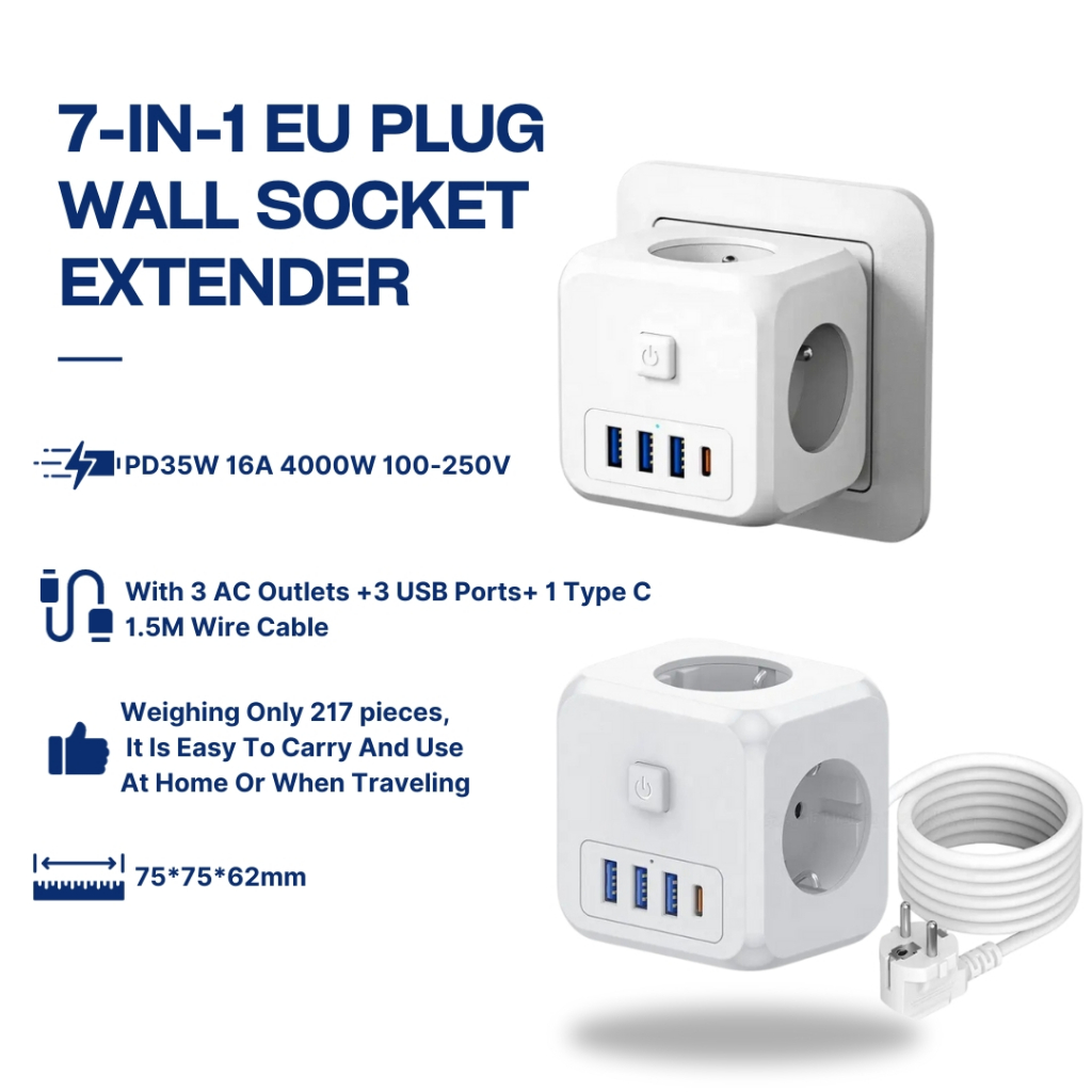 Jual 7in1 Nirkabel colokan kabel + USB PD35W 16A dan Kabel Soket ...