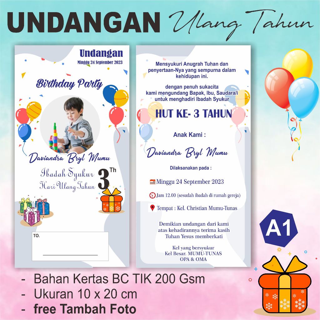 Jual KARTU UNDANGAN ULANG TAHUN ANAK TIMBAL BALIK UKURAN 10X20 CM ...