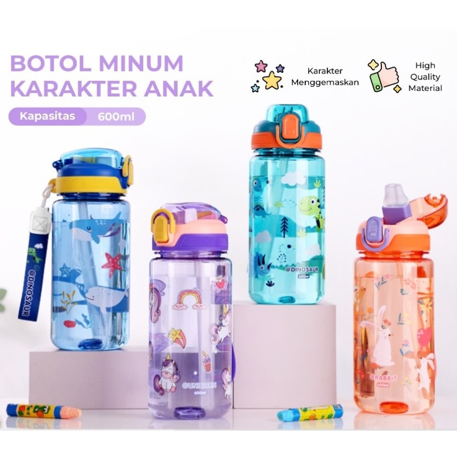 Jual Botol Air Minum Anak 600 ml Lucu Motif Karakter Imut dengan Sedotan BPA Free | Shopee Indonesia