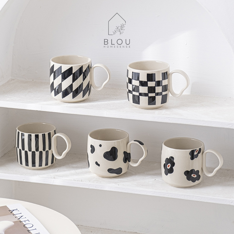 Jual Blou Gelas Mug Keramik Monochrome Hitam Putih Aesthetic Korean ...