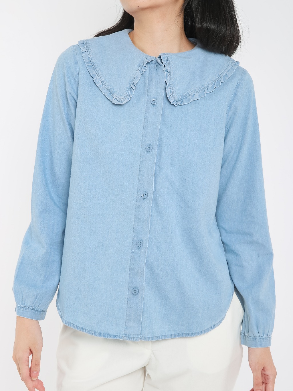 Jual ULTRAVIOLET Denim Ruffle Shirt 025 Lt Denim Blue - Atasan Kemeja ...