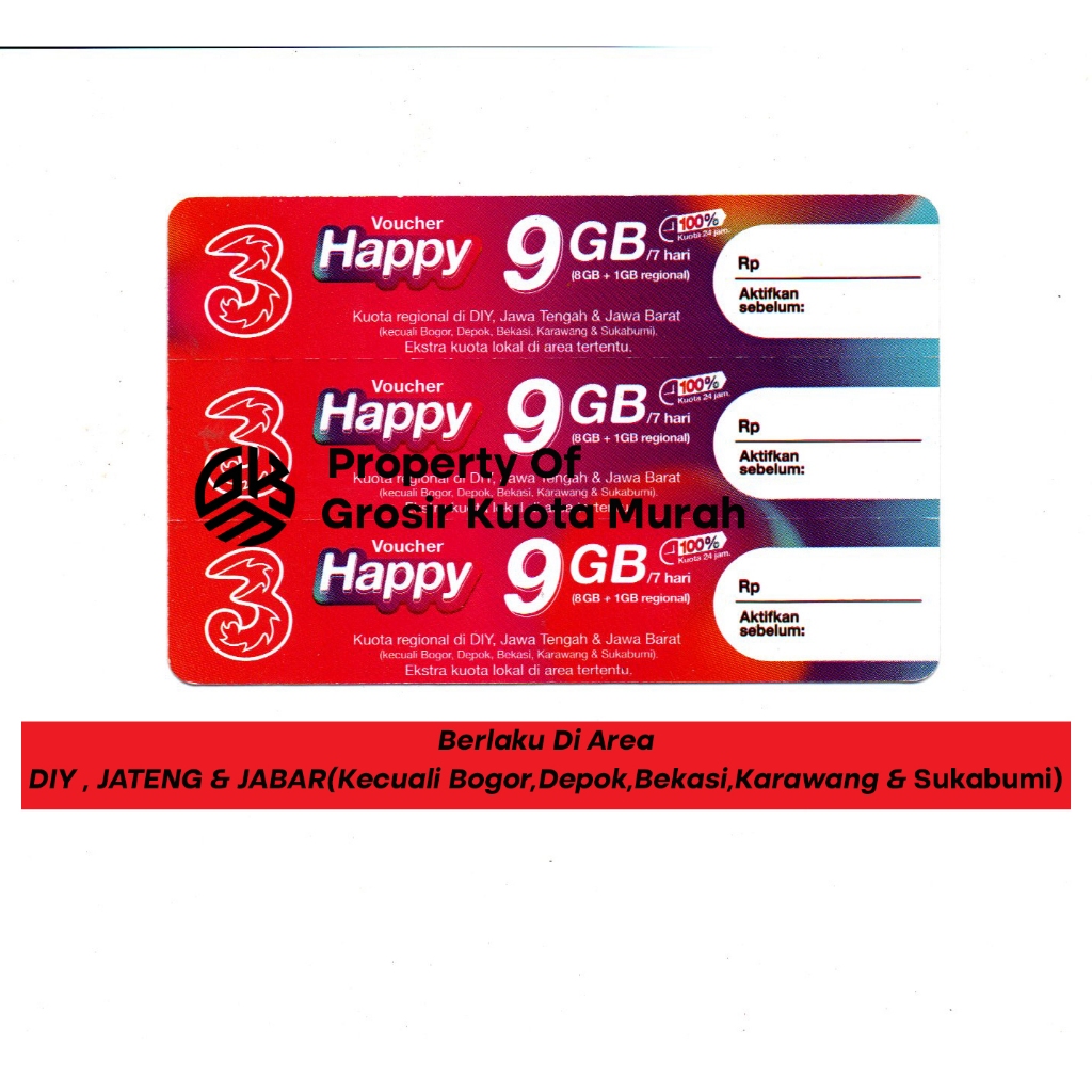 Jual Voucher Tri 9GB 7Hari Nasional + Kuota Regional (DIY , JATENG & JABAR(Kecuali Bogor,Depok ...