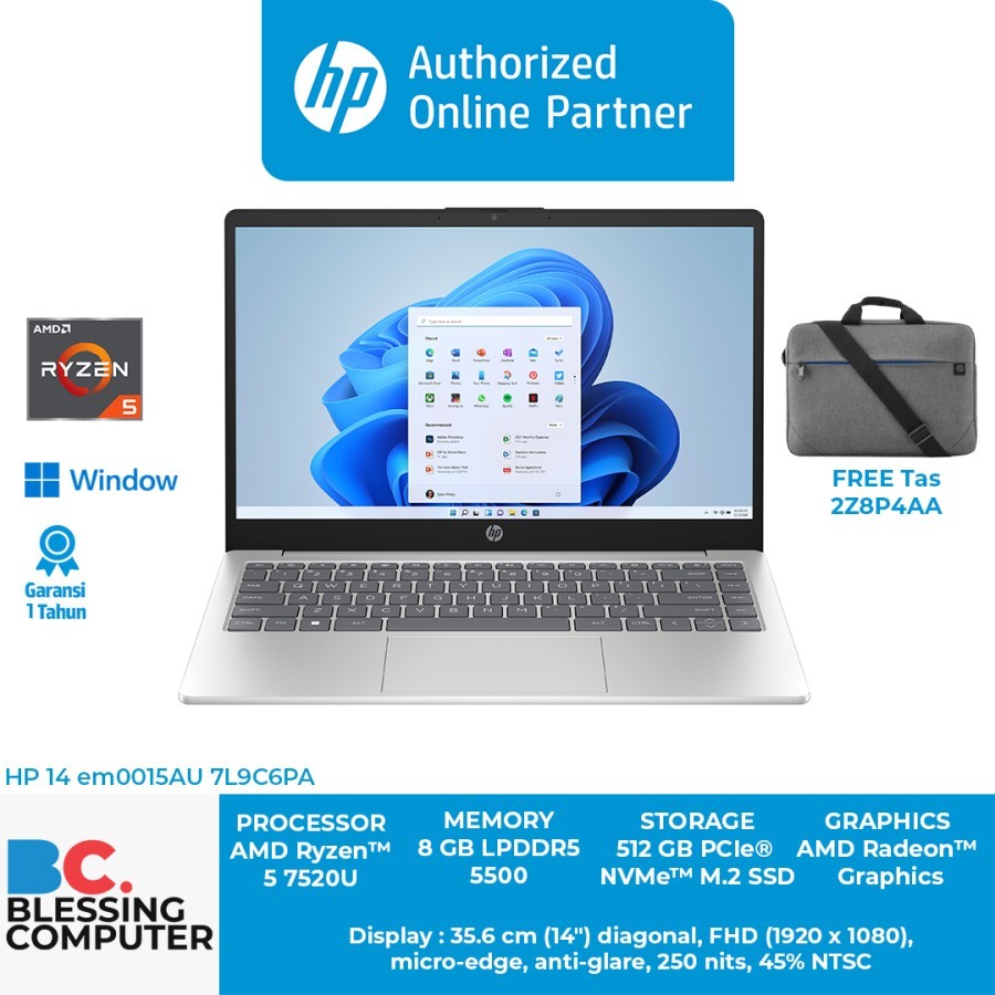 Jual HP 14 em0015AU 7L9C6PA Ryzen 5 7520U 8GB 512GB W11 OHS Natural ...