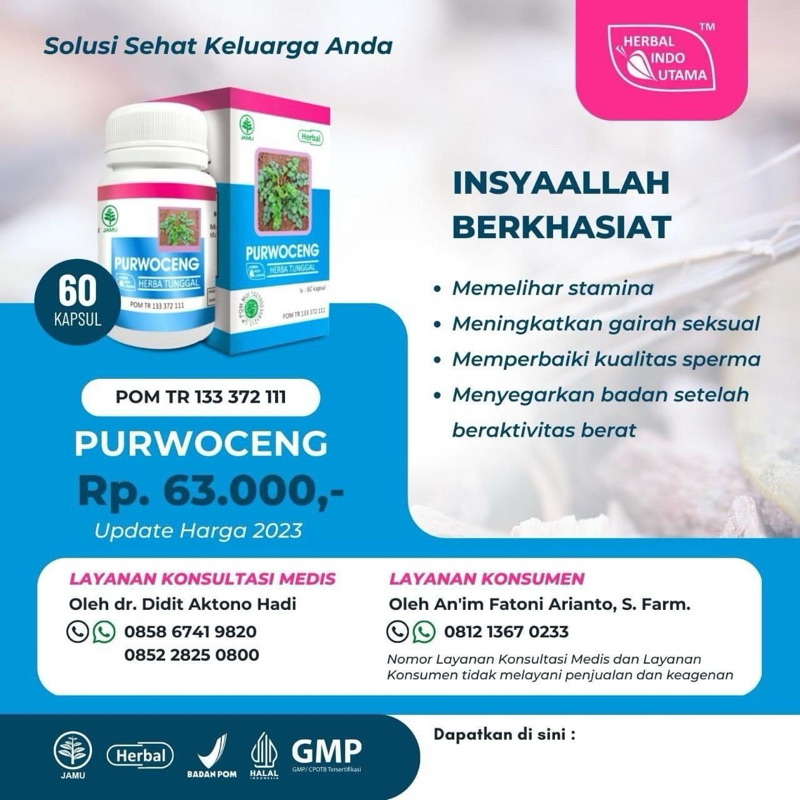 Jual PURWOCENG HERBAL INDO UTAMA KAPSUL HERBAL STAMINA PRIA (60KAPSUL ...