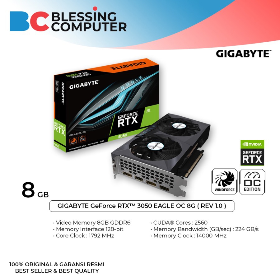 Jual VGA RTX 3050 GIGABYTE EAGLE OC 8G GDDR6 128Bit REV 1.0 / VGA ...