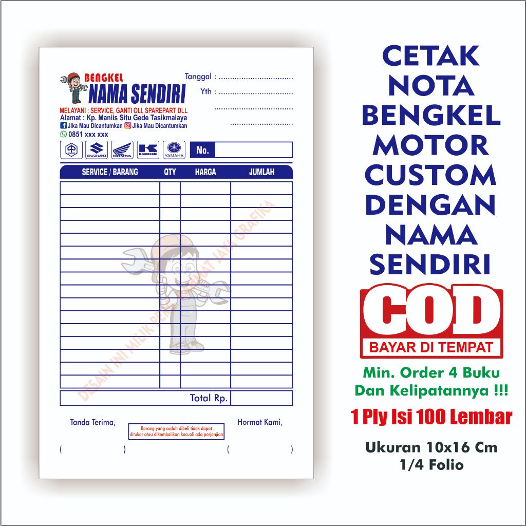Jual Cetak Nota Bengkel Motor Custom 1 ply Isi 100 Lbr Free Desain Min ...