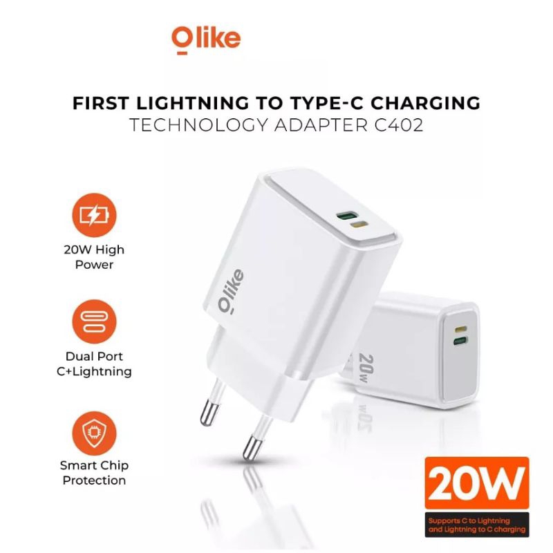 Jual Olike C402 Charger PD 20W Dual Port Type-C & Lightning Fast ...