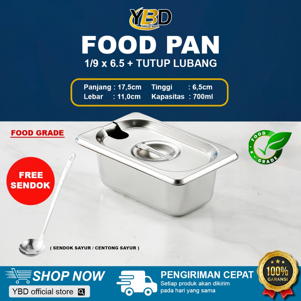 Jual Food Pan Stainless + Tutup lubang 1/9 x 6,5cm (17,6 x 10,8 x 6,5cm) | Foodpan Satu set ...