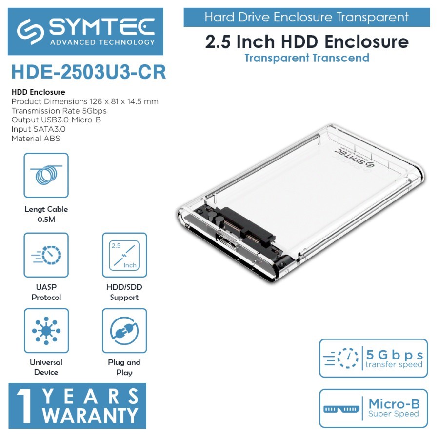 Jual SYMTEC 2.5" USB 3.0 HDD SSD Enclosure Casing Transparent - HDE ...