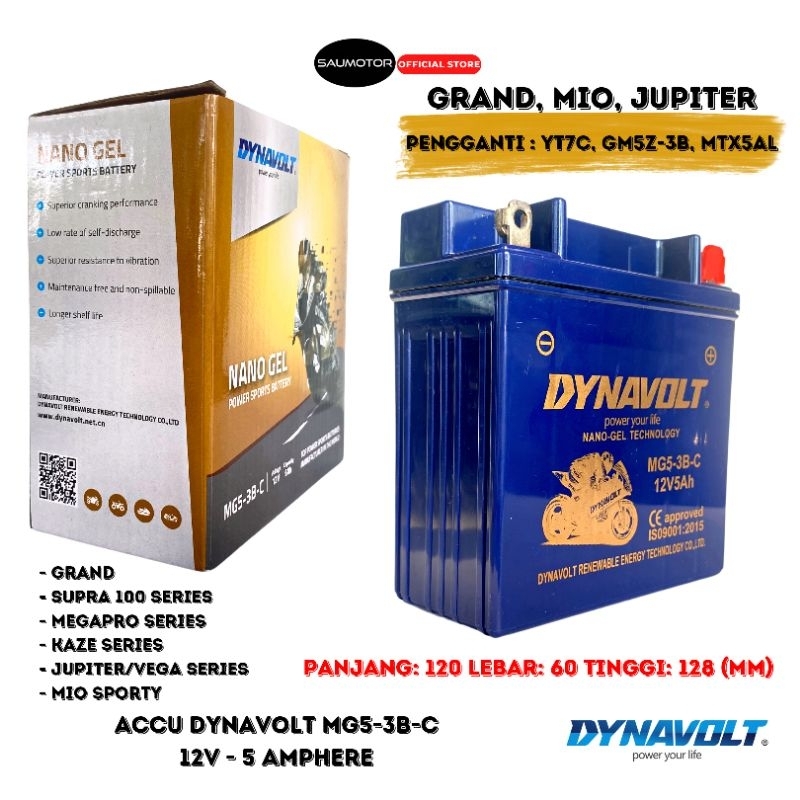 Jual Dynavolt Accu Motor Grand Supra Mio Aki Jupiter MG5-3B-C 12 Volt 5 ...