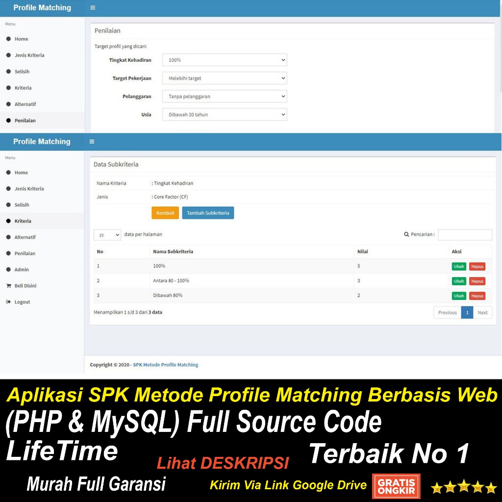 Jual Source Code Aplikasi SPK Metode Profile Matching Berbasis Web (PHP & MySQL) Full Source ...