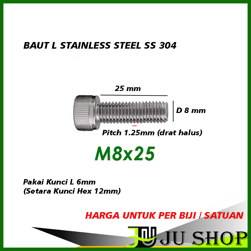 Jual Baut L M8x25 (HALUS) (KUNCI 12MM / kunci L 6MM) stainless steel M8 x 25 SS304 (HARGA PER ...