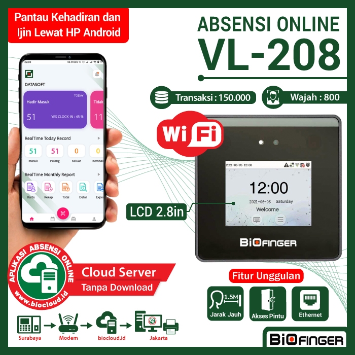 Jual Absensi OnLine Wajah BioFinger VL-208 LAN WIFI Akses Kontrol Cloud Android App | Shopee ...