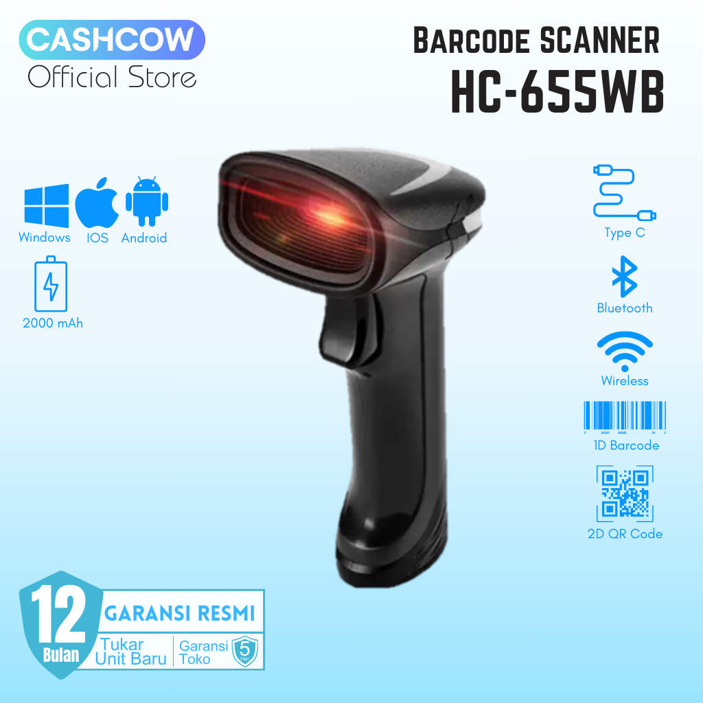 Jual Barcode Scanner Genggam 2D 1D Wireless Bluetooth USB Cashcow HC655 ...
