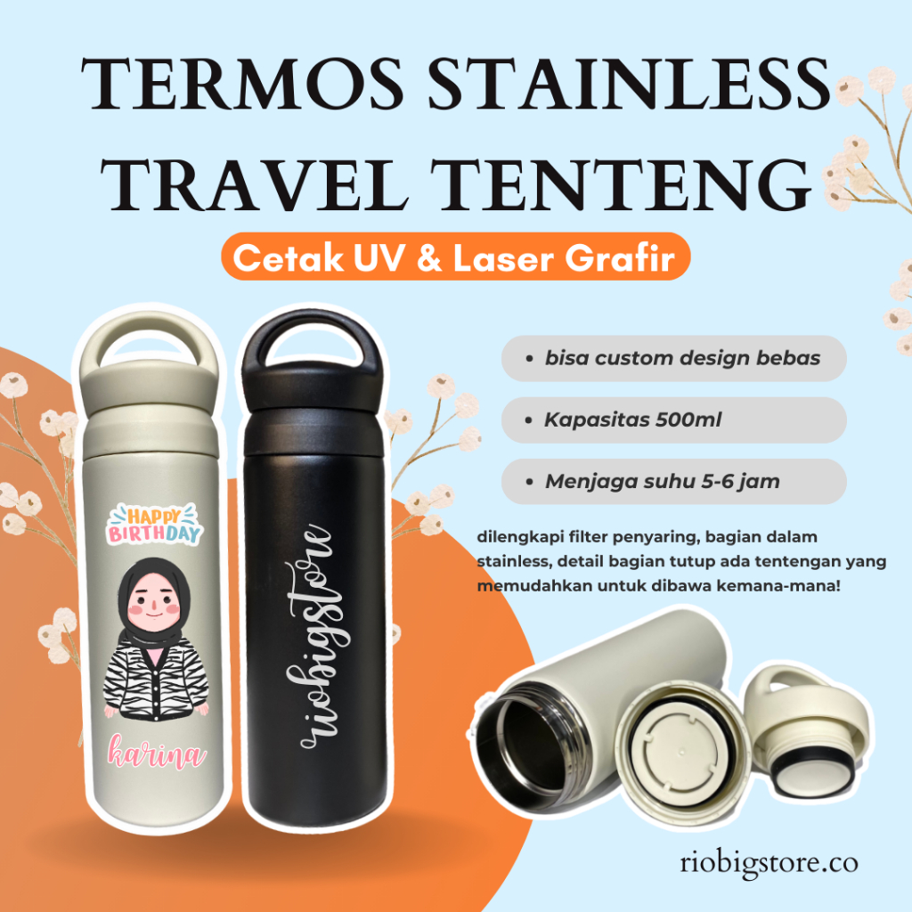 Jual [ CUSTOM ] Thermos - Termos Stainless Travel Tenteng Vacuum Flask Tumbler Minum Free Grafir ...