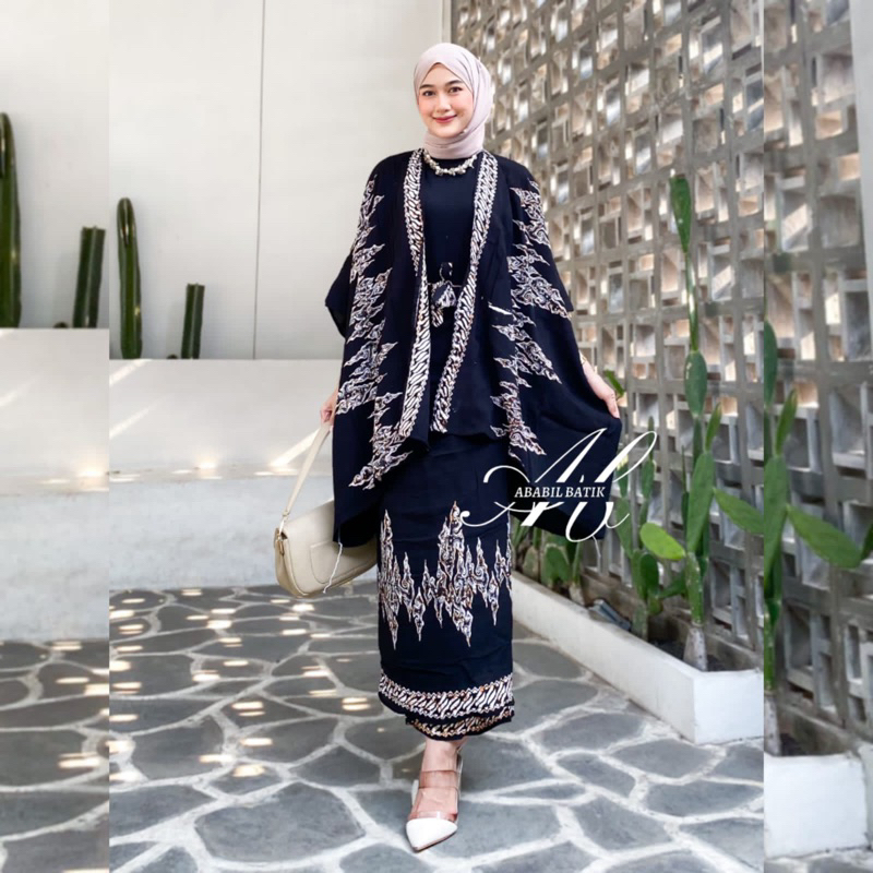 Jual Outfit Kondangan Simpel One Set Batik Outer Rok Lilit Kimono ...