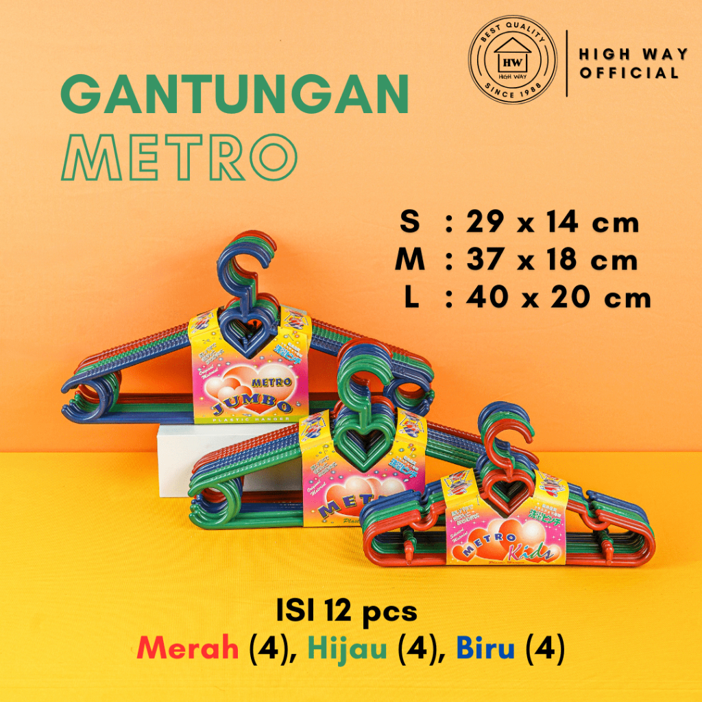Jual HIGH WAY - Gantungan Baju Metro 1 Lusin Aneka Ukuran Warna Warni ...