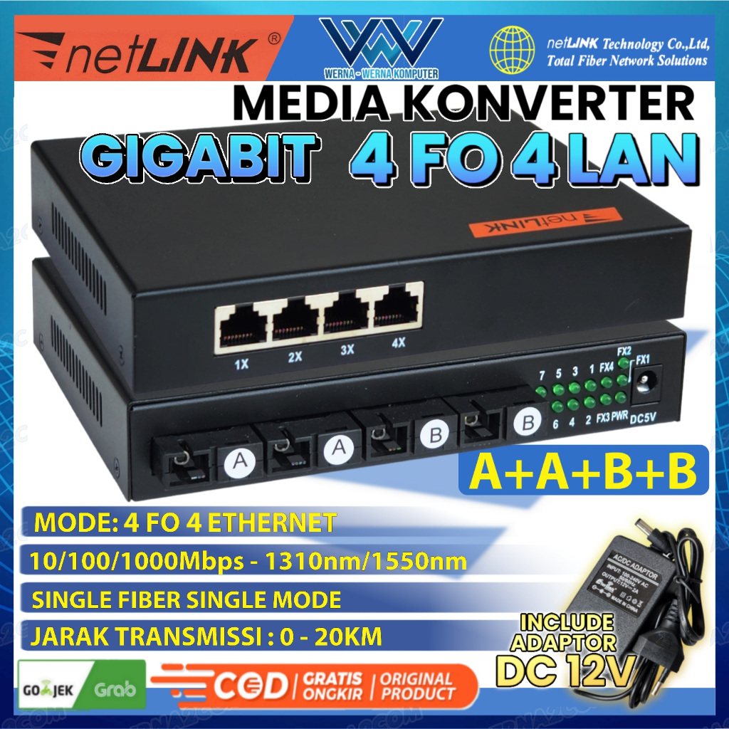 Jual Media Converter Gigabit 4 FO 2 LAN 10/100/1000Mbps Fiber Optic Switch Ethernet Netlink ...