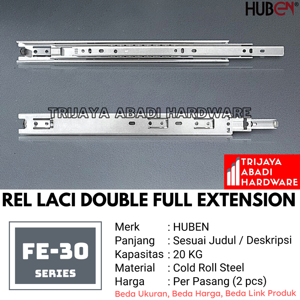 Jual 2 x Huben FE-30 400mm (40cm) Rel Laci Double Track Full Extension ...