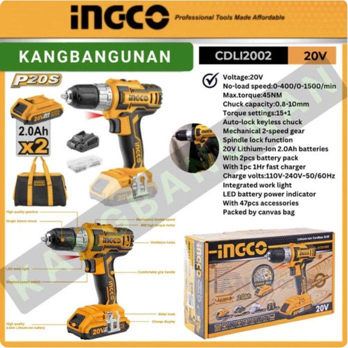 Jual P20S Cordless Drill (10mm, 45Nm) INGCO CDLI2002 Bor Baterai Kayu ...