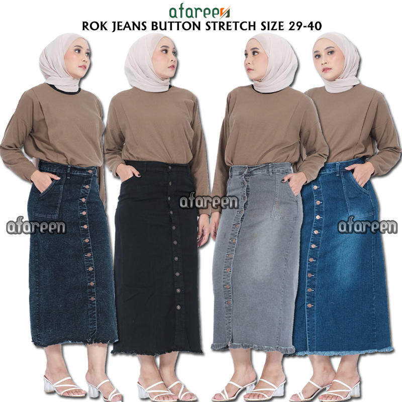 Jual AFAREEN - Rok Span Jeans Panjang Kancing Depan Button Rok Jeans ...